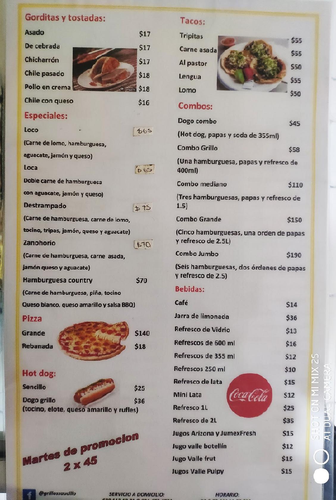 Carta del restaurante Los Grillos, Saucillo