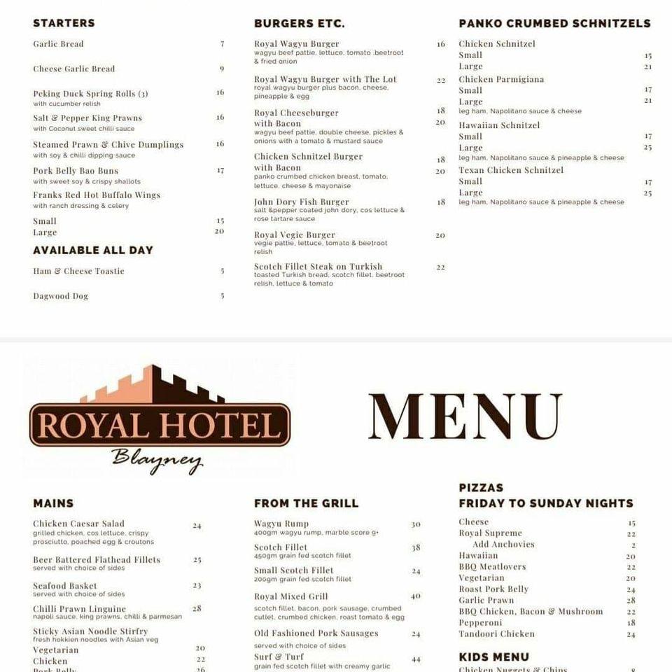 Menu at Royal Hotel pub & bar, Blayney