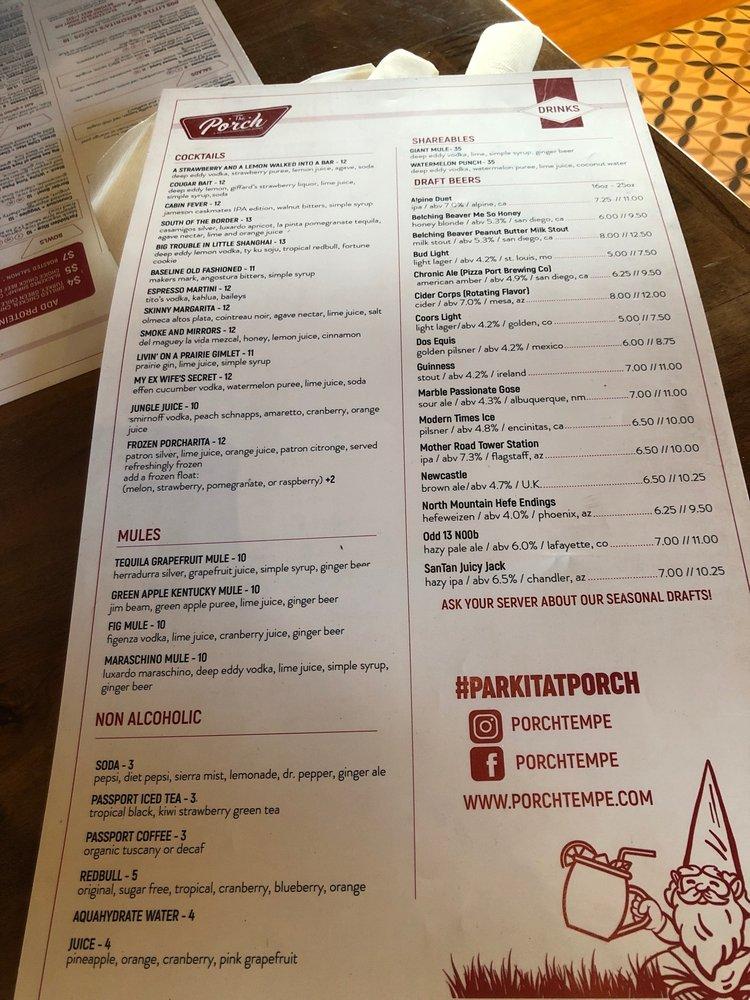 Menu at The Porch pub & bar, Tempe