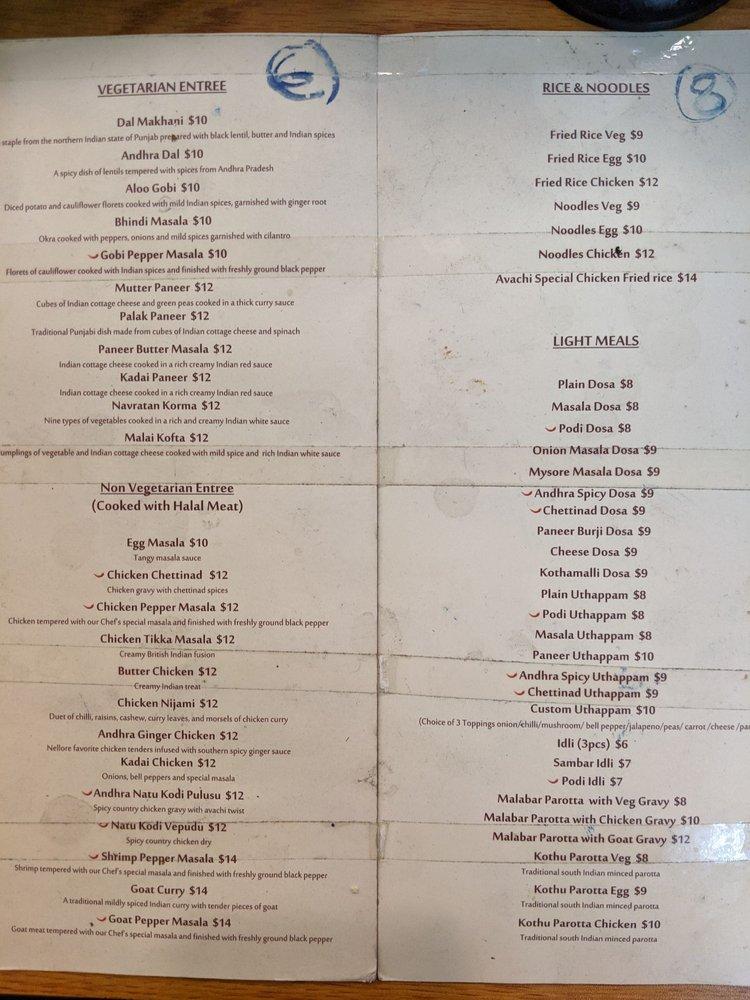 Menu at Avachi Biryani House restaurant, Cupertino