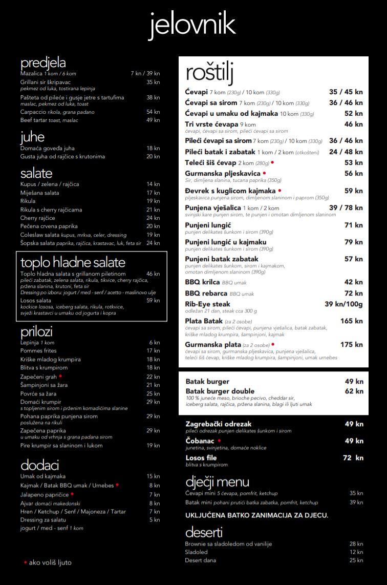 Menu at Batak Family mall restaurant, Zagreb