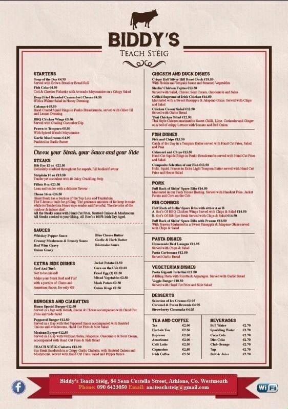 Menu at Biddys Teach Steig pub & bar, Athlone, 85 Sean Costello Street