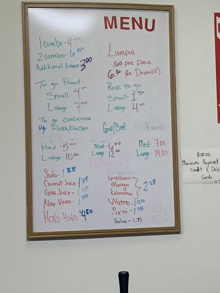 Menu at Boracay Philippine Cuisine restaurant, Norfolk