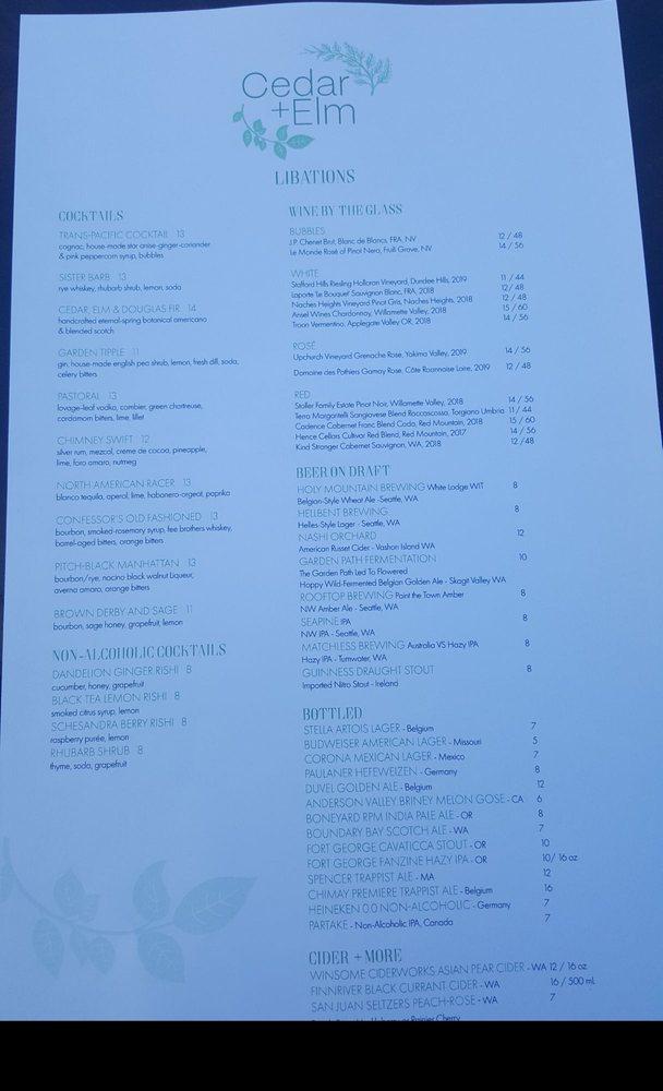 Menu at Cedar + Elm restaurant, Kenmore