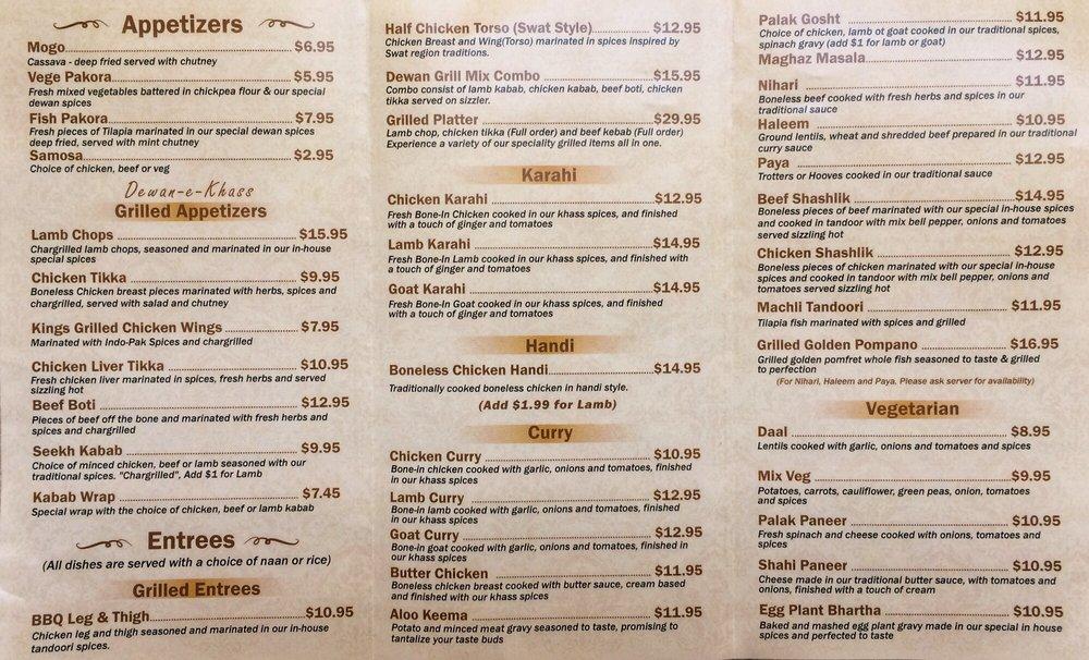 Menu at Dewan-E-Khass restaurant, Vancouver