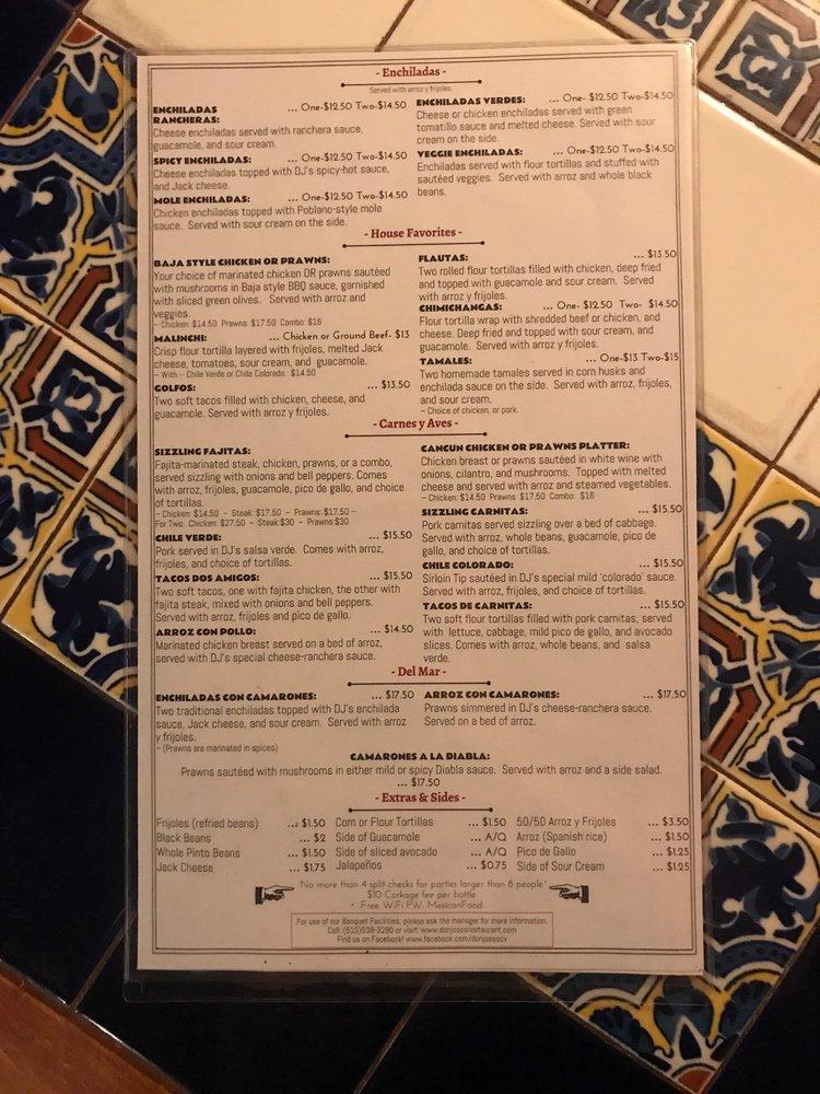 Menu at Don Jose's Mexican Restaurant, Castro Valley