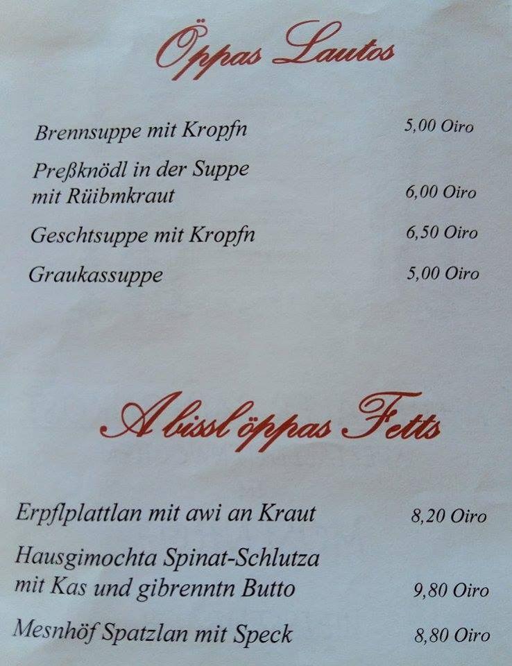 Menu at Mesnhöf Mountain Inn pub & bar, Rio Bianco