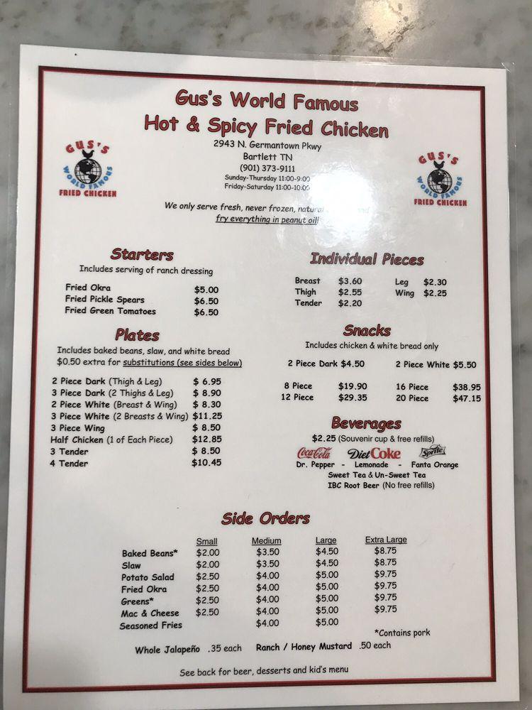 Menu at Gus's World Famous Fried Chicken restaurant, Bartlett, N ...
