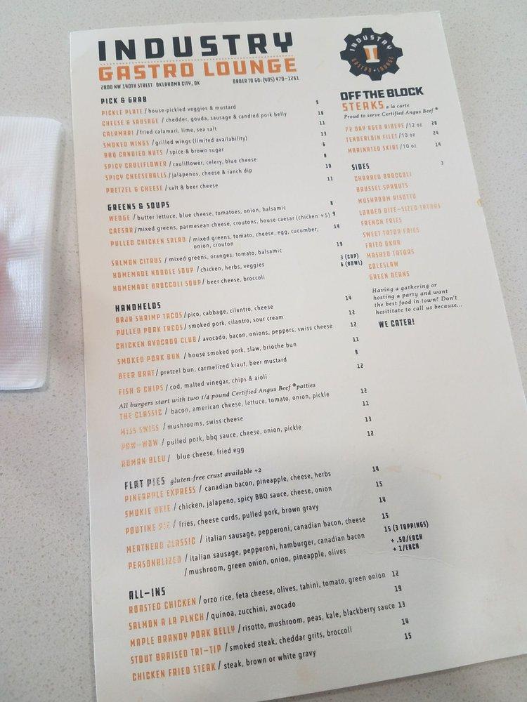 Menu at Industry Gastro Lounge restaurant, Oklahoma City