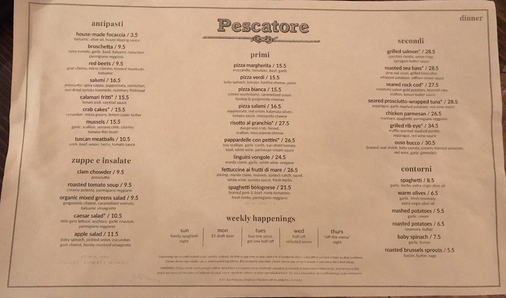 Menu at Pescatore Trattoria restaurant, San Francisco, Mason St