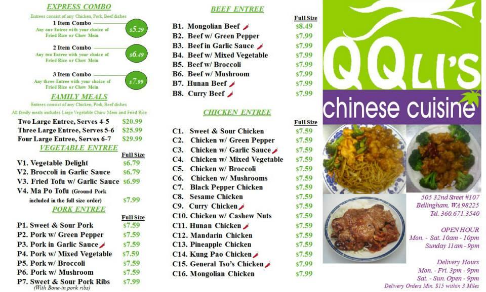 Menu at Q Q Li's Chinese Cuisine restaurant, Bellingham