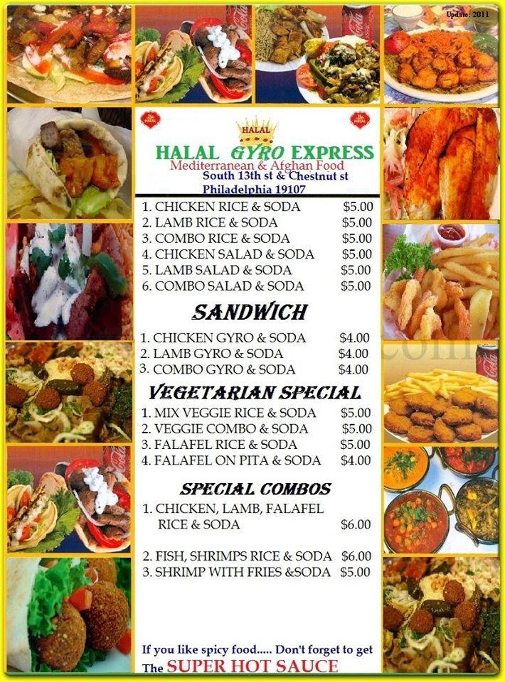 Carta del restaurante Halal Gyro Express, Filadelfia, John F Kennedy Blvd