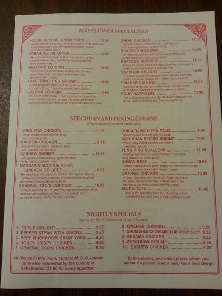 Menu at Mayflower restaurant, Paris