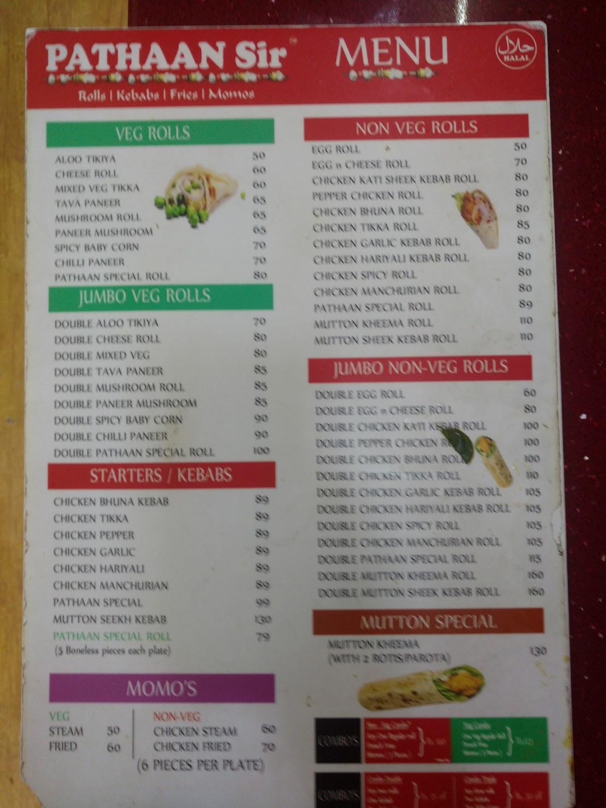 Menu at Pathaan Sir, Bengaluru, Srinivasan Towers