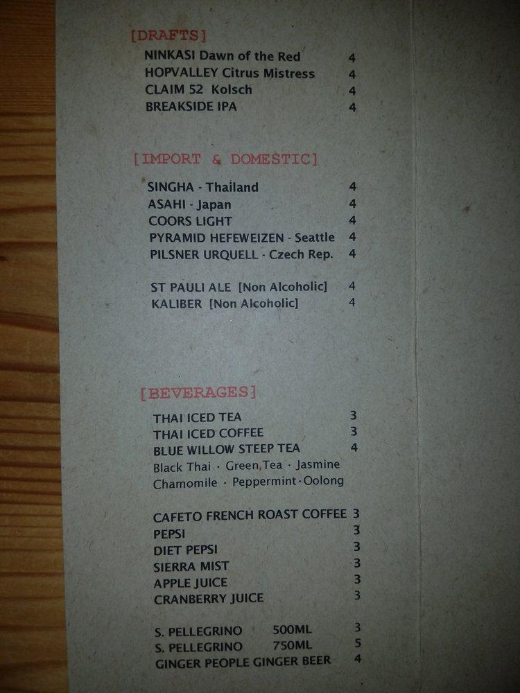 Menu at Sabai Cafe & Bar, Eugene