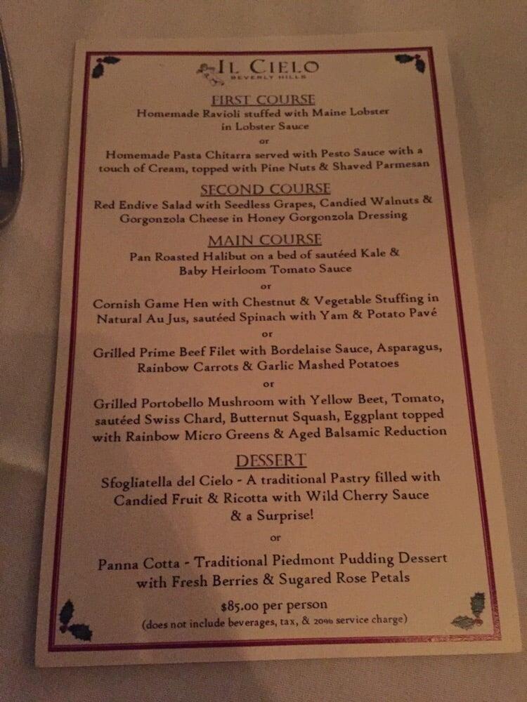 Menu at Il Cielo restaurant, Beverly Hills