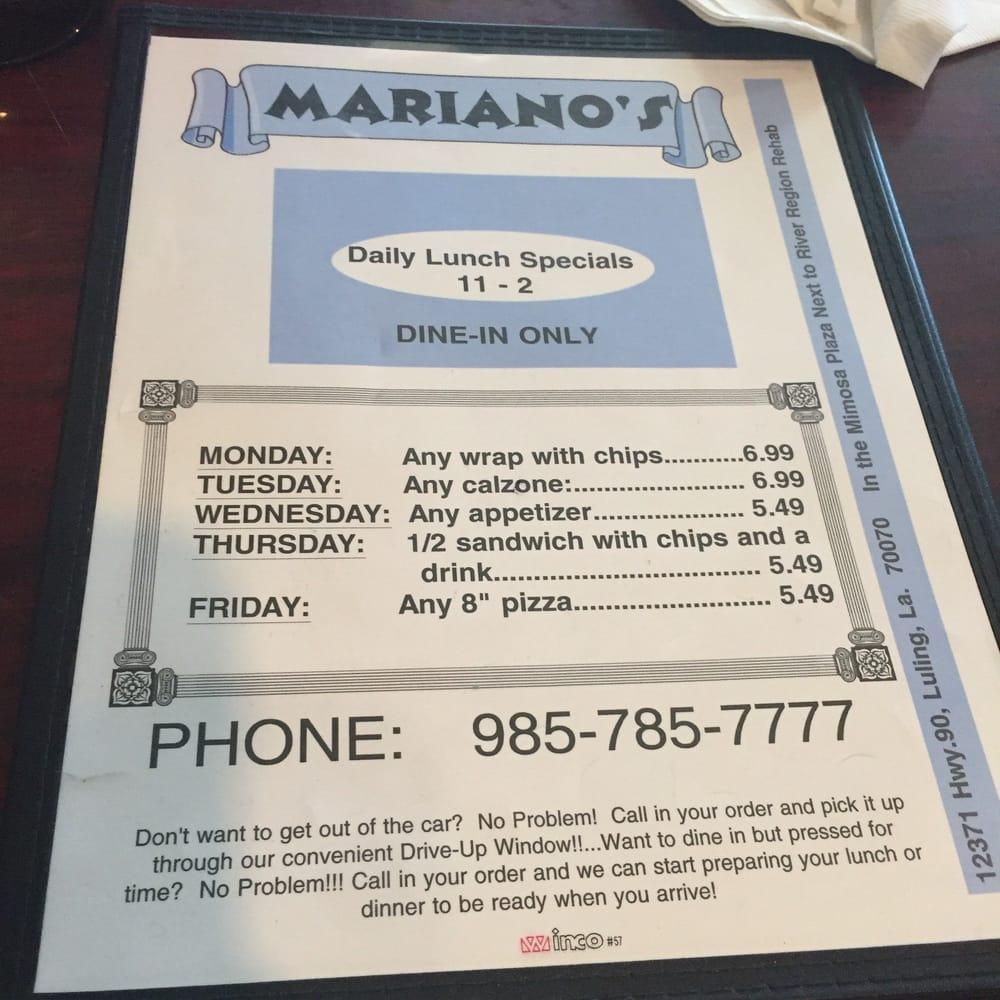Menu at Mariano's Italian Eatery restaurant, Luling, US-90