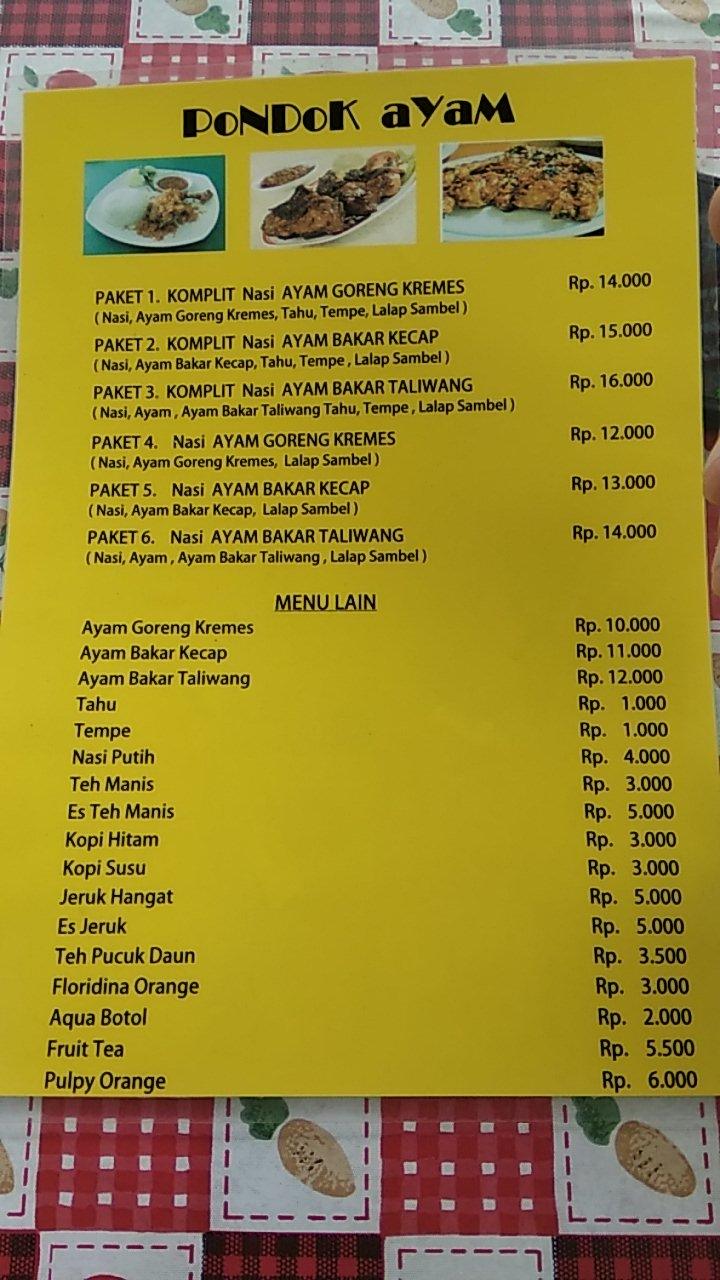 Menu at Pondok Ayam restaurant, Cimahi