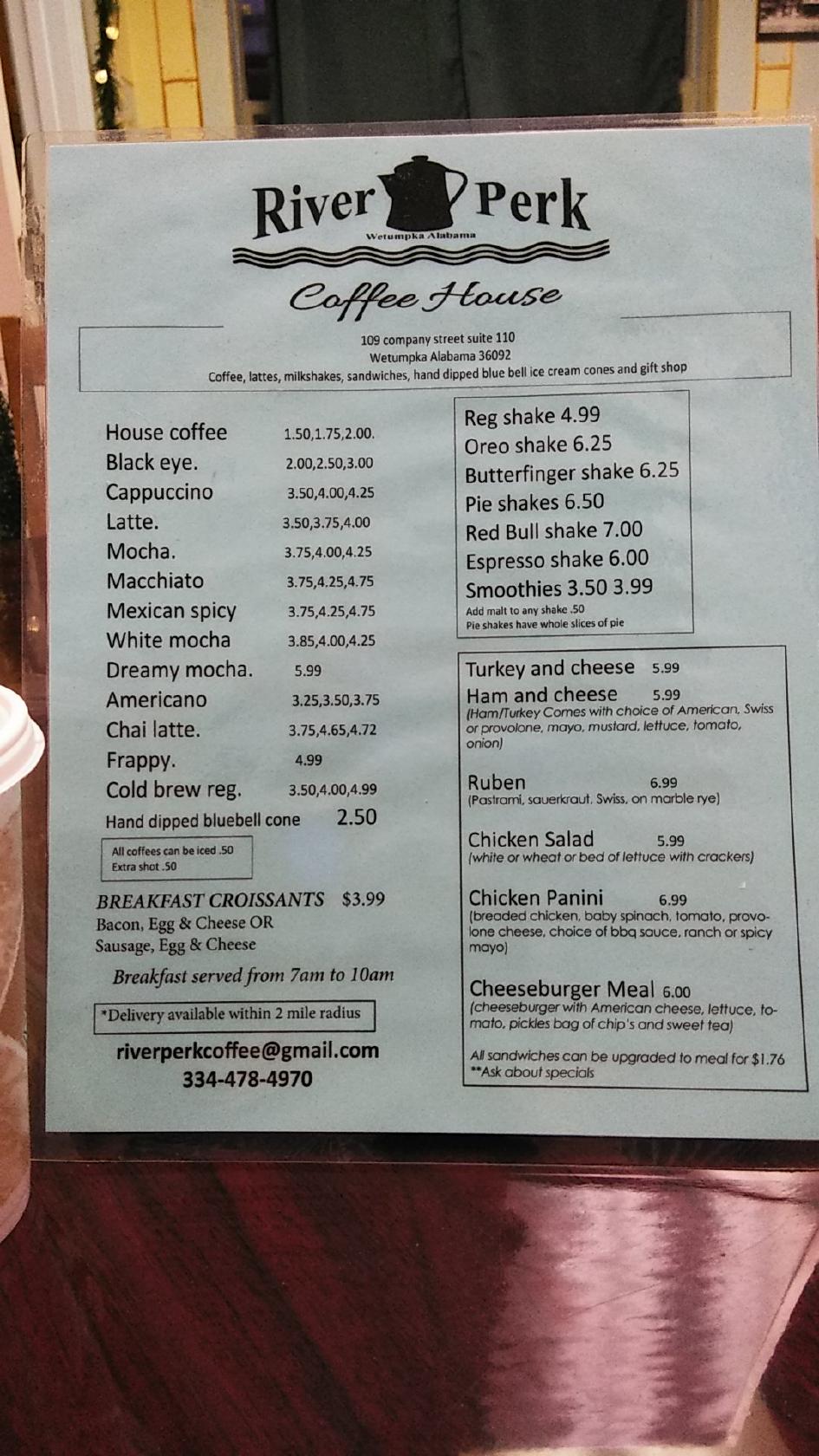 Menu at River Perk cafe, Wetumpka