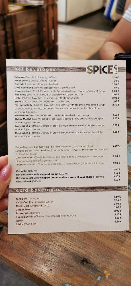 Menu at Spice cafeteria, Barcelona