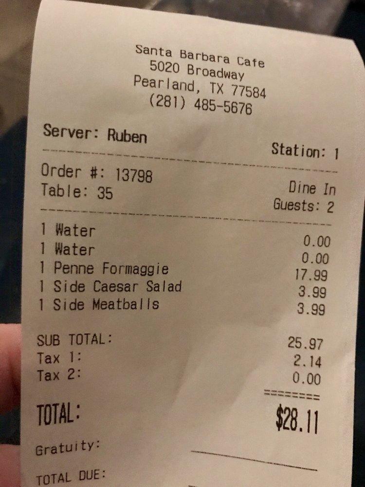 Carta de Santa Barbara Italian Cafe, Pearland, Broadway St