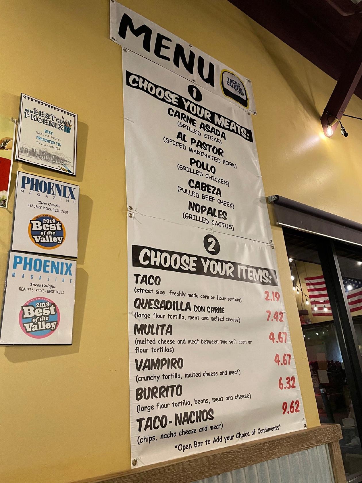 Menu at Tacos Calafia restaurant, Peoria, W Thunderbird Rd UNIT 206
