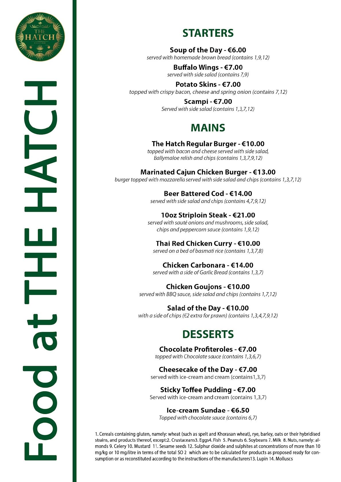 Carta del pub y bar The Hatch, Ballinagh