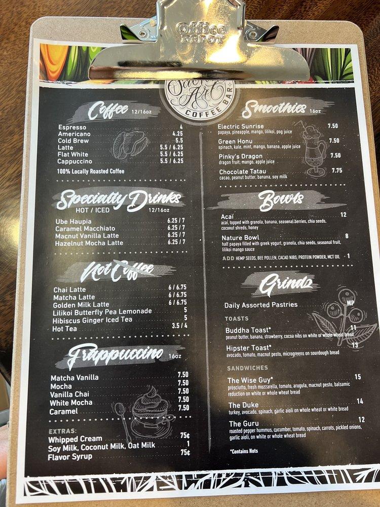 Menu at Sacred Art Tattoo and Coffee Bar, Honolulu