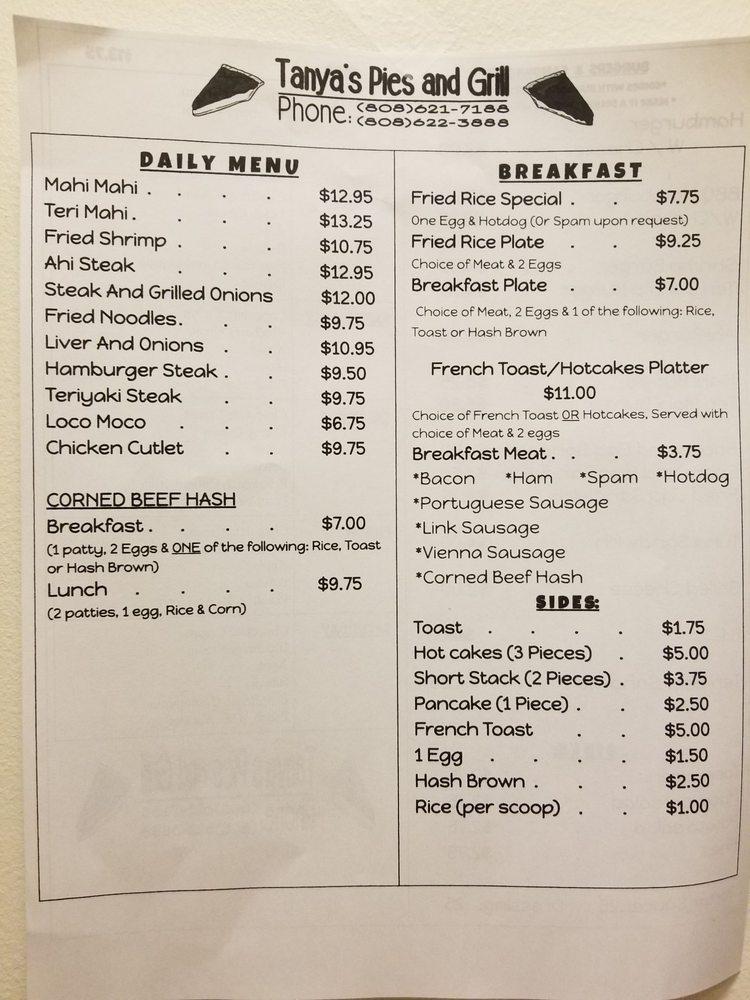 Menu at Tanya's Pies and Grill restaurant, Wahiawa