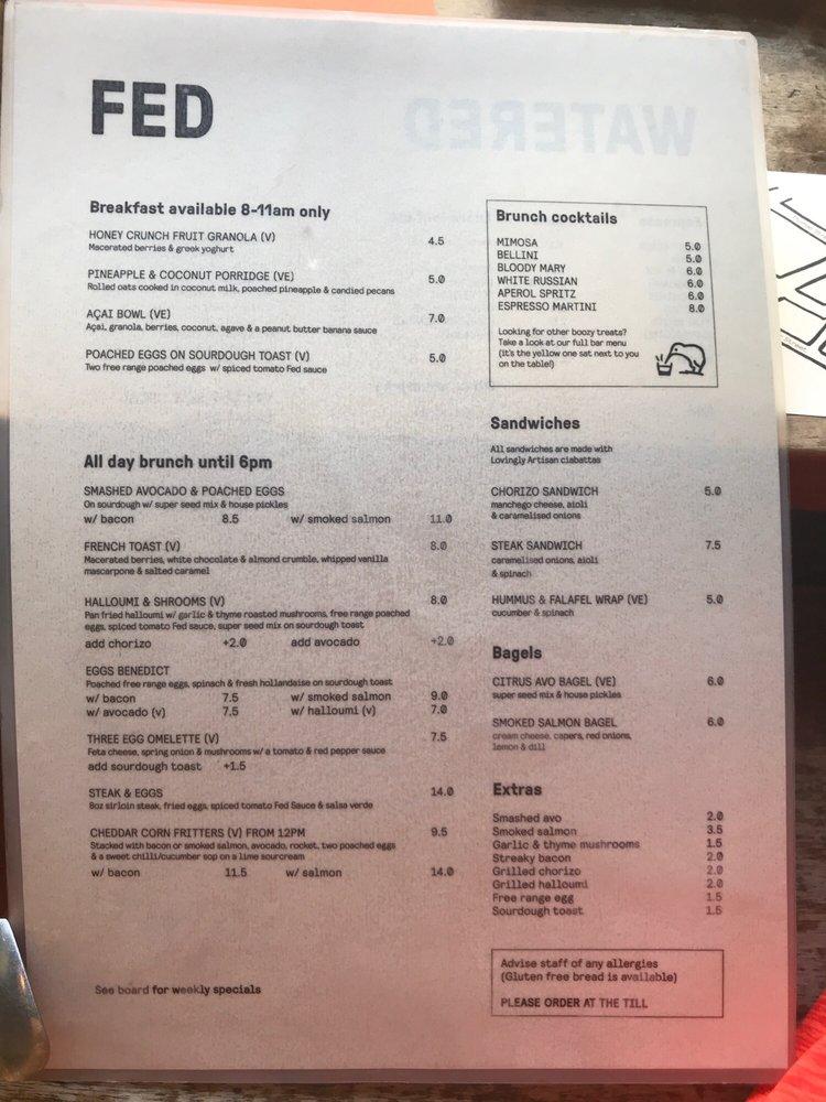 Menu at Federal Cafe Bar, Manchester, 9 Nicholas Croft