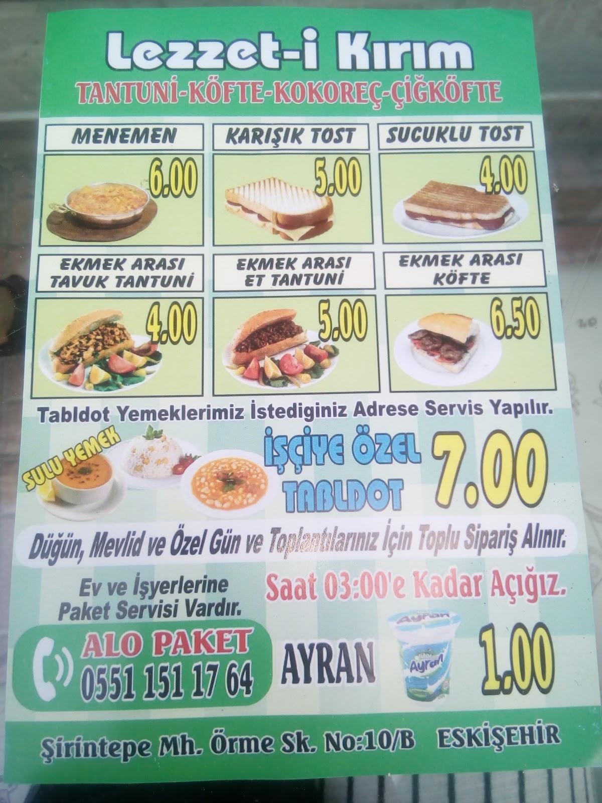 Menu at Lezzet-I Kirim, Eskişehir
