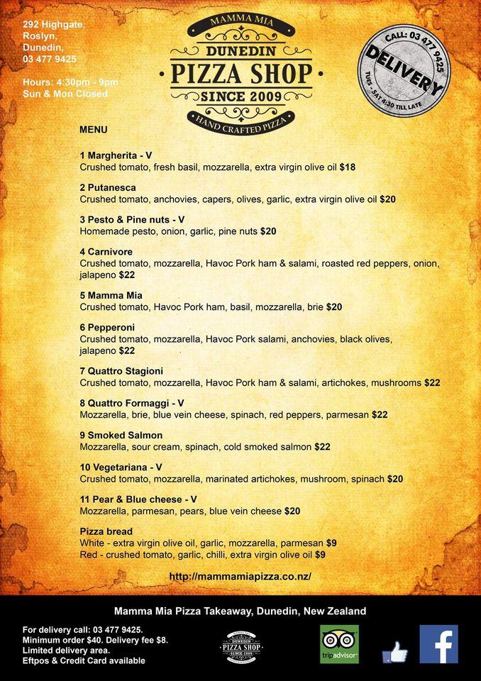 Carta de Mamma Mia Pizza & Roslyn bakery, Dunedin, /292 Highgate