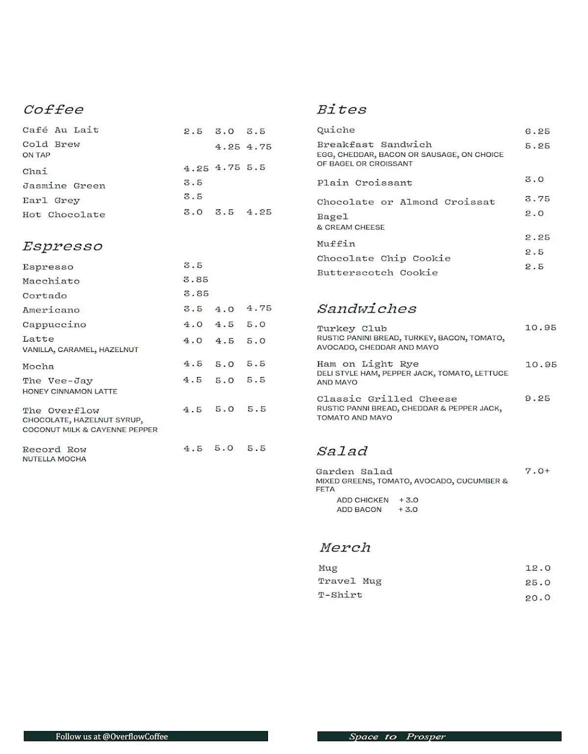 Menu at Overflow Coffee restaurant, Chicago, S Michigan Ave