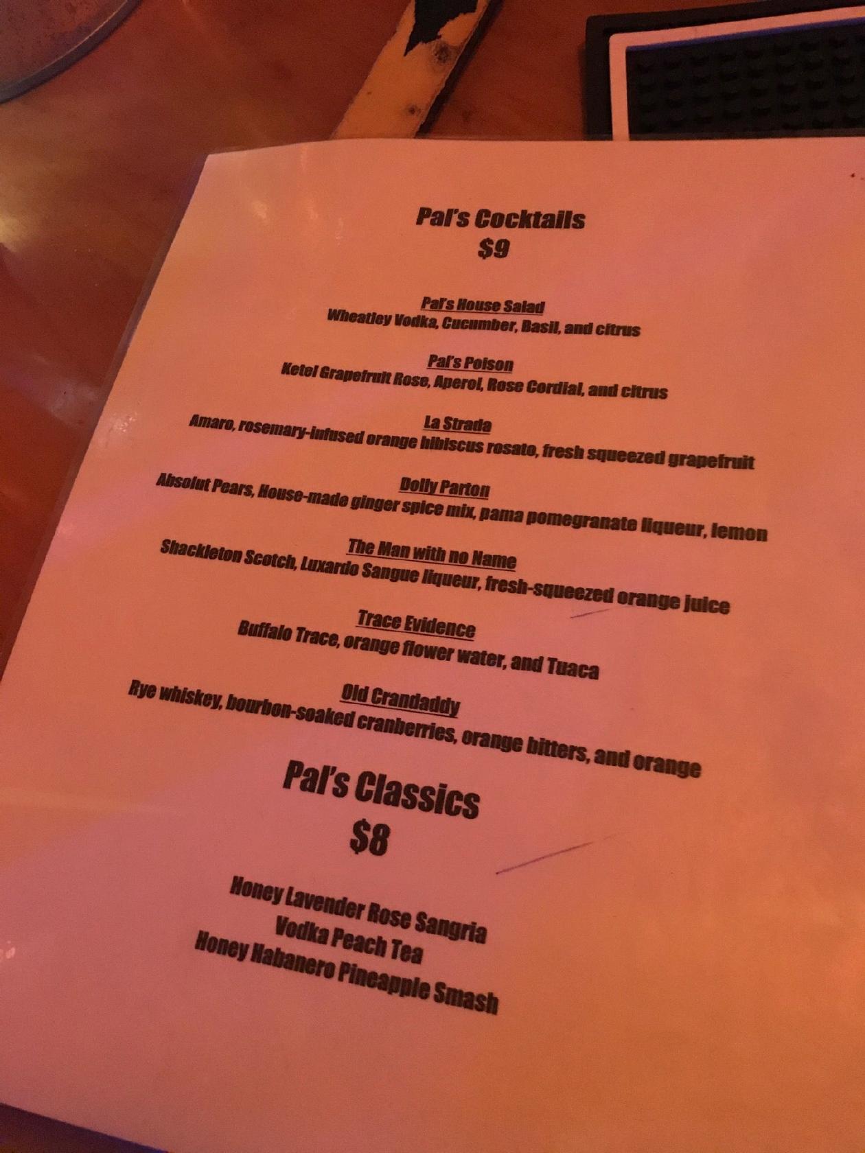 Menu at Pal's Lounge pub & bar, New Orleans
