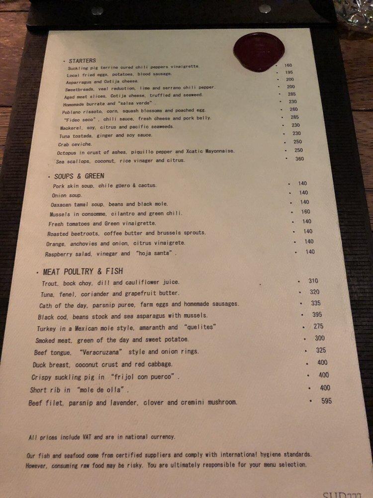 Carta del restaurante Sud 777, Ciudad del México