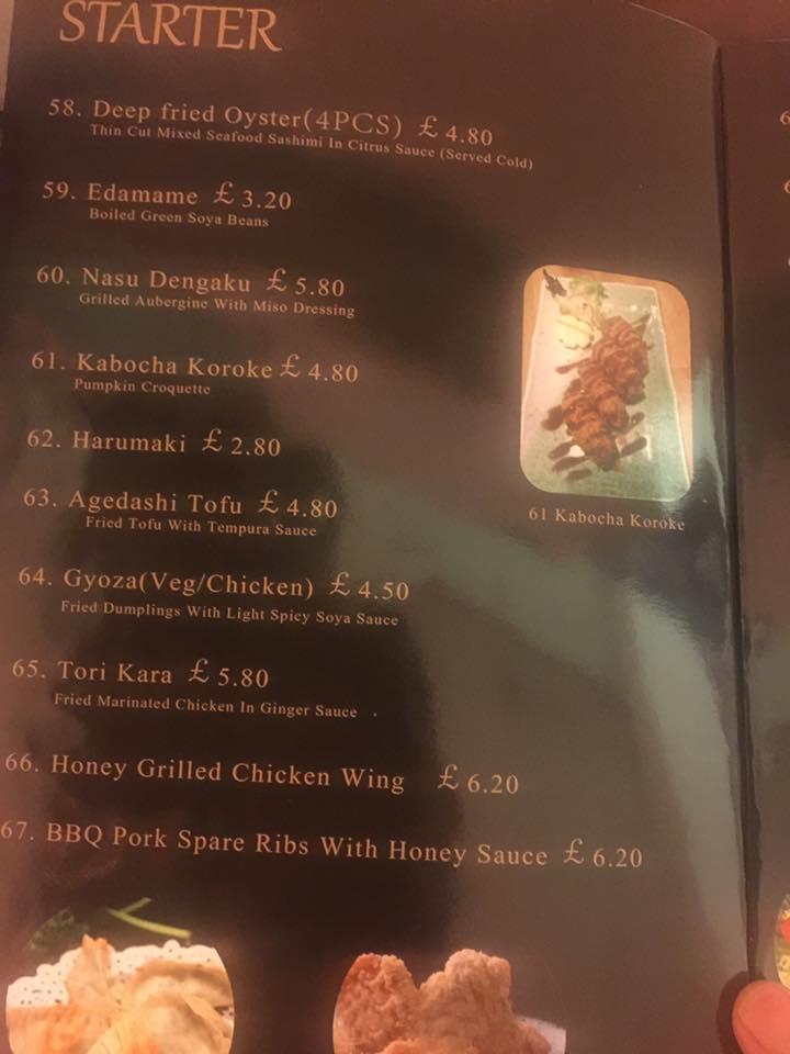 Menu at Aburi restaurant, Colchester