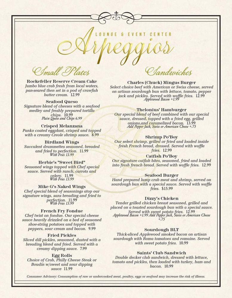 Menu at Arpeggios Lounge & Event Center restaurant, Opelousas