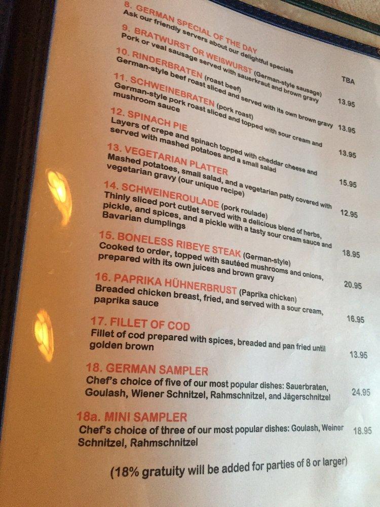 Menu at Edelweiss German Restaurant, Greenville