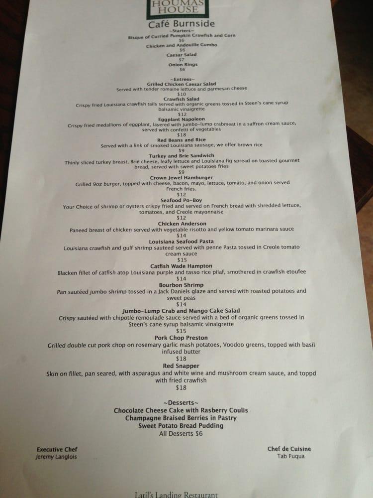 Menu at Dixie Cafe at Houmas House and Gardens, USA