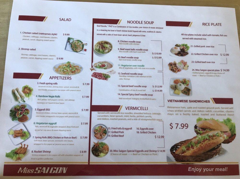 Menu at Miss Saigon restaurant, Ukiah