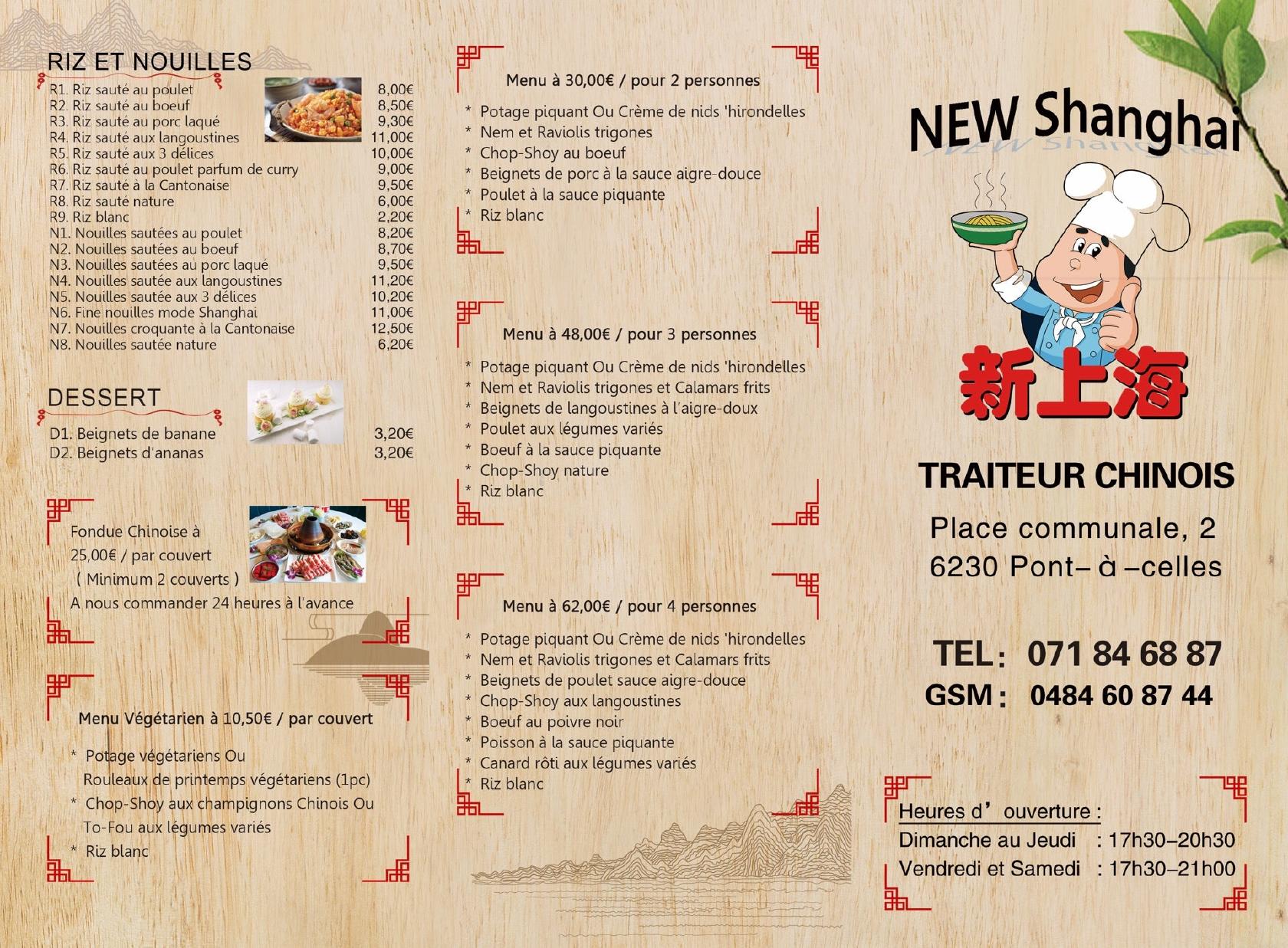 Menu au New Shanghai, Pont-a-Celles