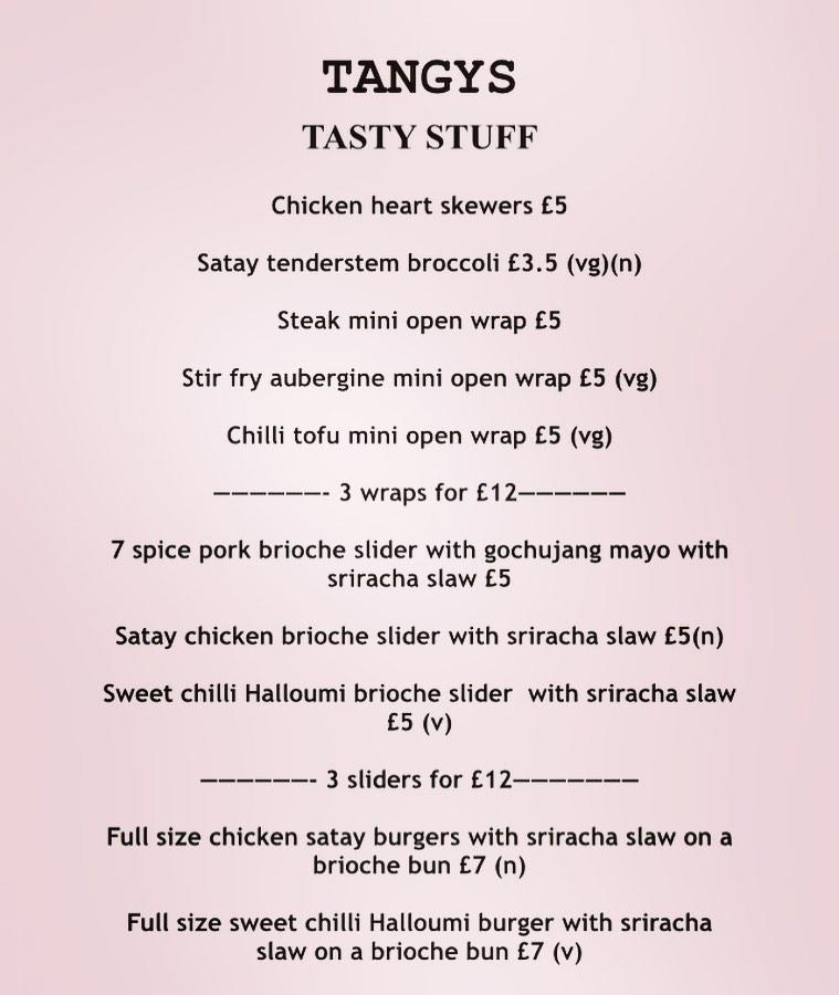 Menu at Tangys tasty stuff, England