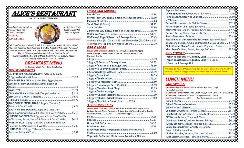 Menu at Alice's Restaurant, Tucson