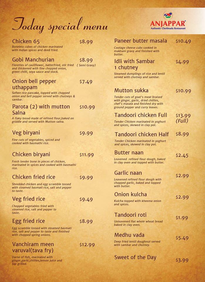 Menu at Anjappar Indian Restaurant, Johns Creek