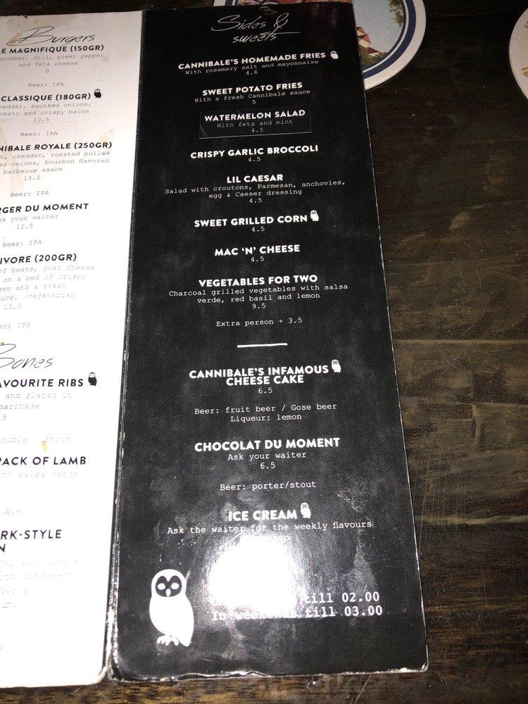 Menu at Cannibale Royale Lange Niezel, Amsterdam, Lange Niezel 15