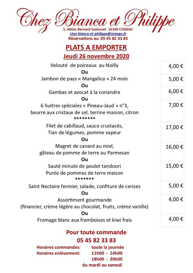 Menu at Restaurant "Chez Bianca et Philippe", Cognac