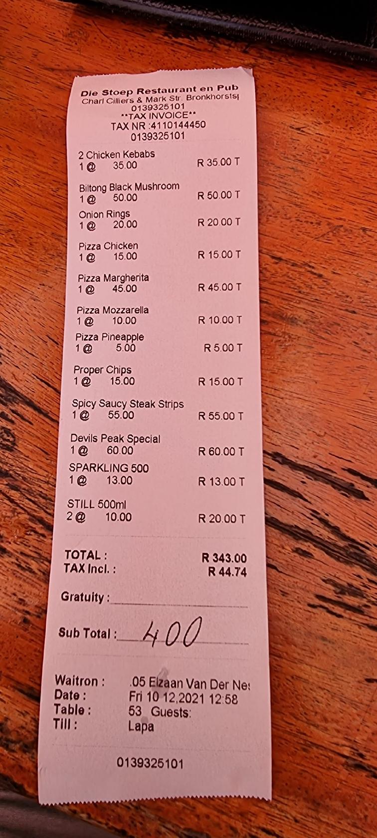 Carta de Die Stoep Restaurant, Bronkhorstspruit