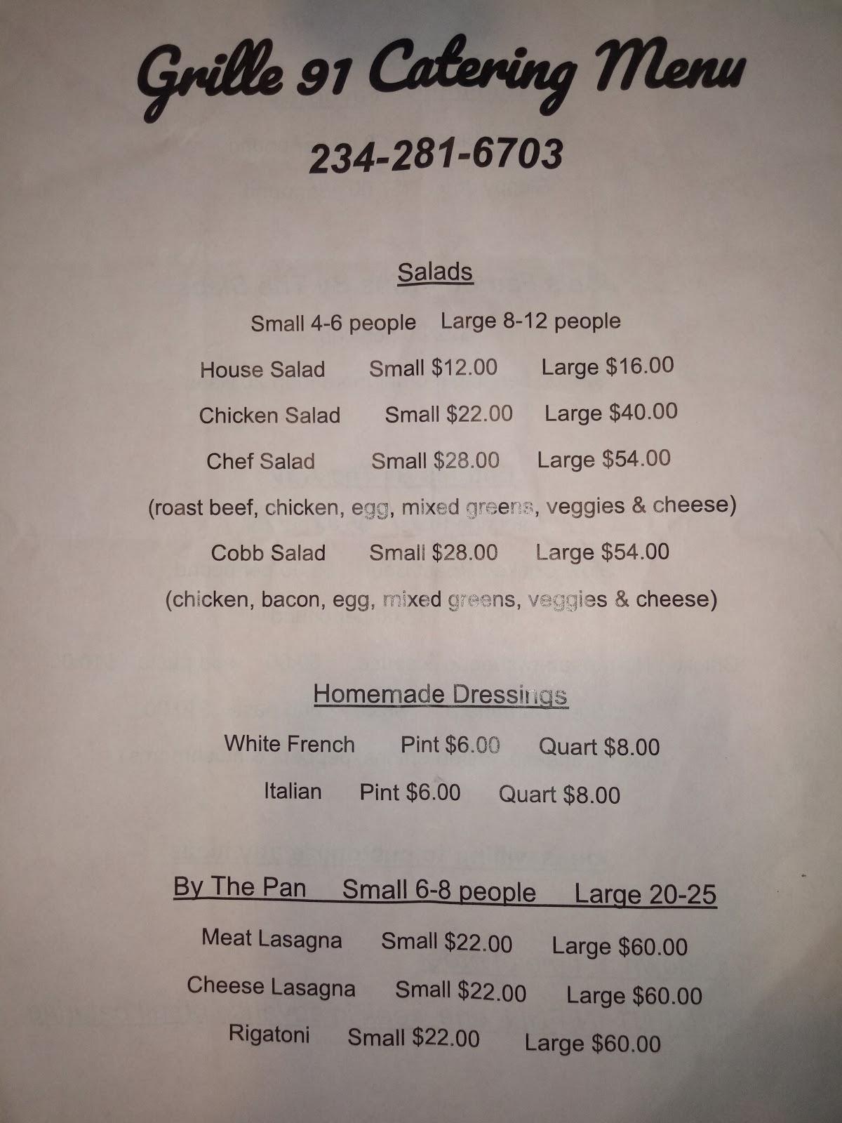 Menu at Grille 91 restaurant, Akron
