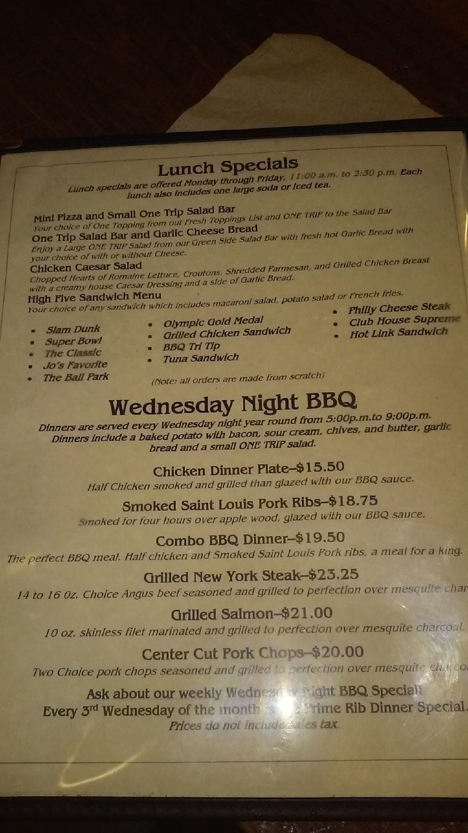 Menu at High Five Pizza BBQ, San Jose, 171 Branham Ln