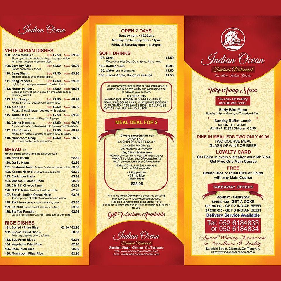 Carta de Indian Ocean Restaurant Clonmel, Clonmel